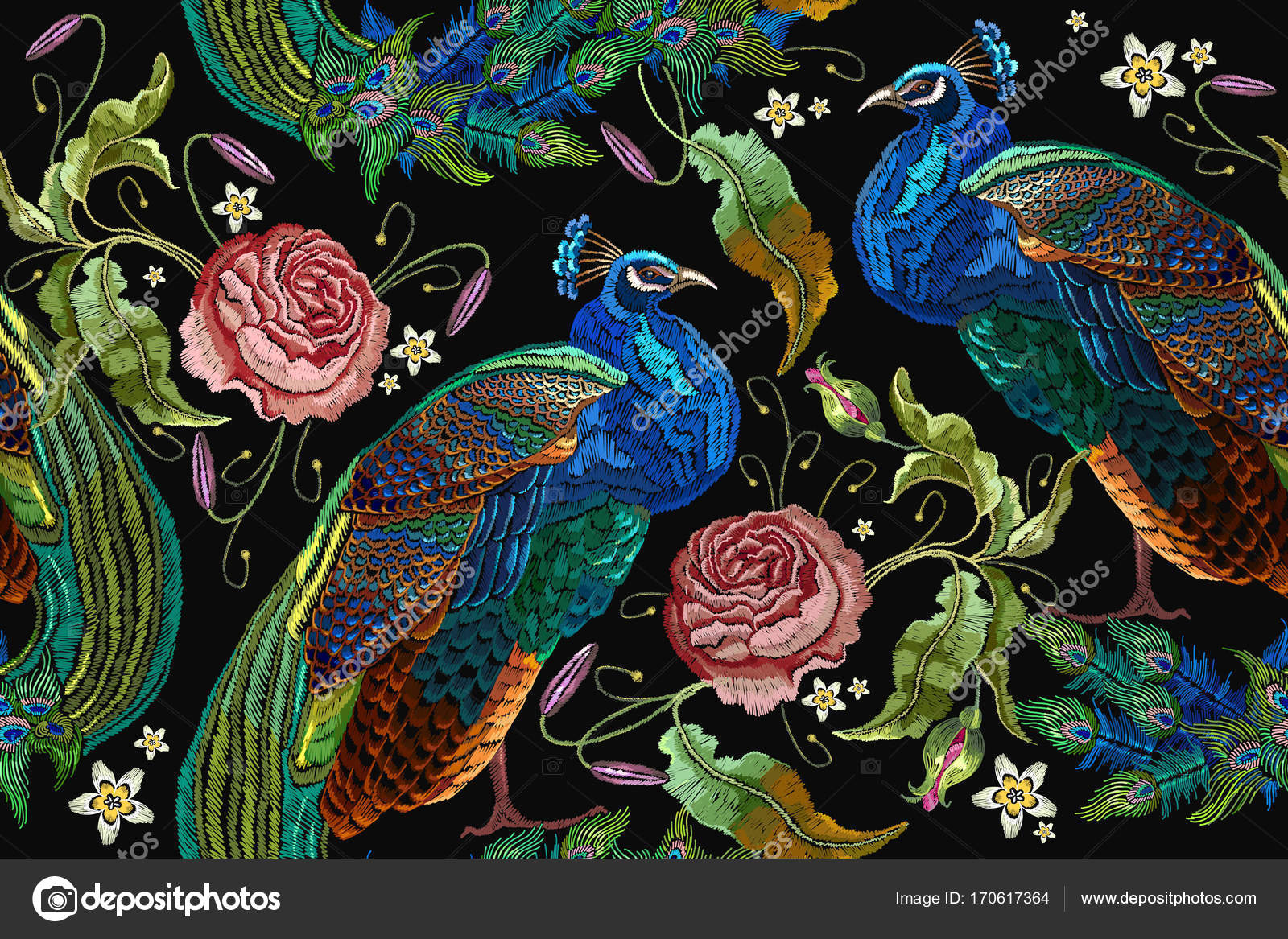 Embroidery Peacocks And Flowers Peonies Seamless Pattern — Stock Vector