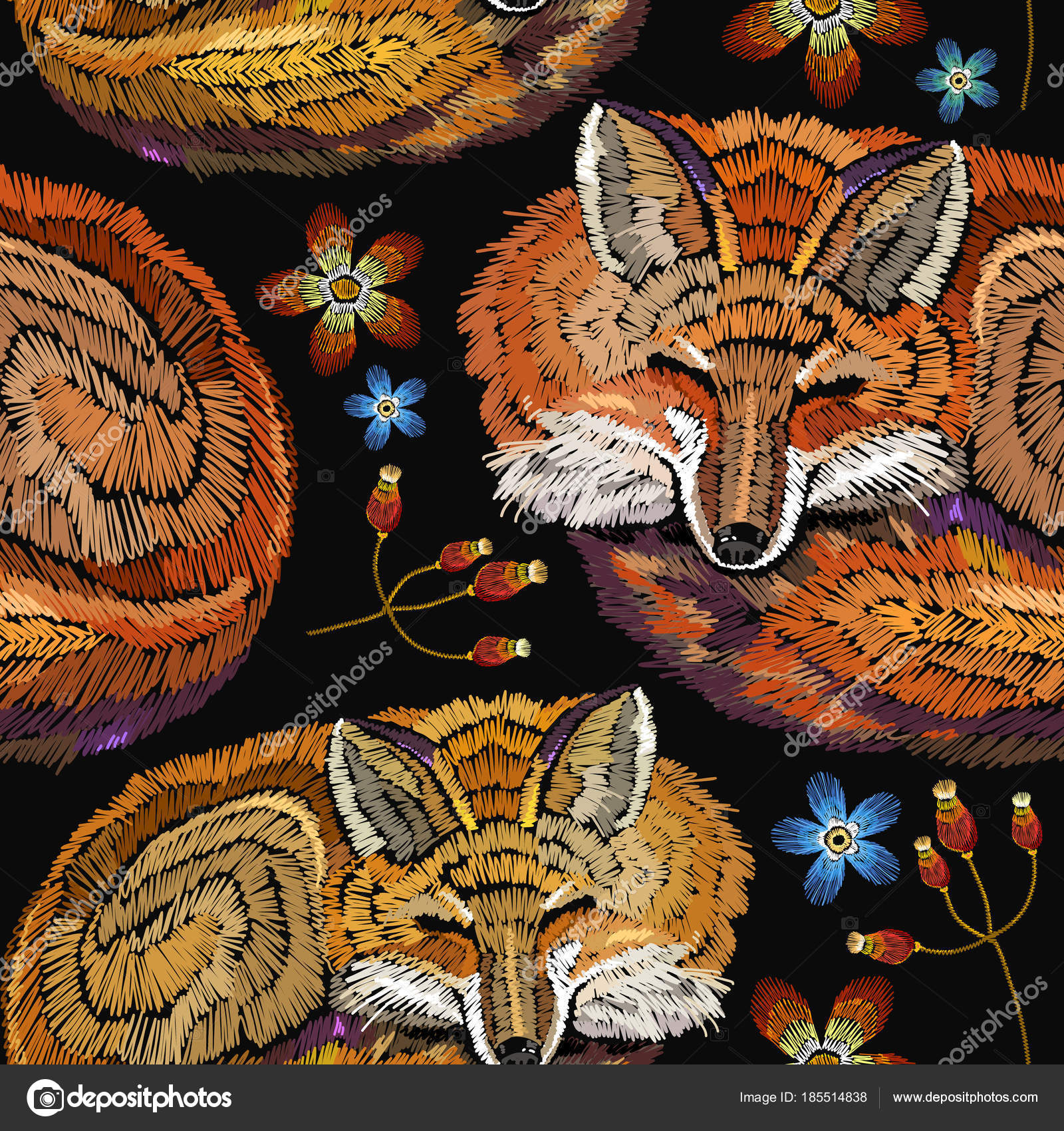 Embroidery sleeping fox and flowers seamless pattern — Stock Vector ...