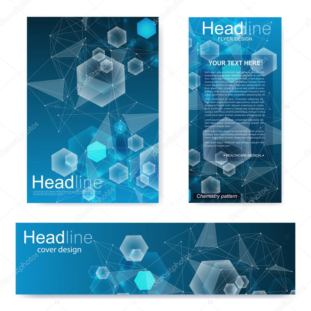 Set volante, folleto tama o A4 plantilla, banner. Estructura molecular con l neas y puntos ...