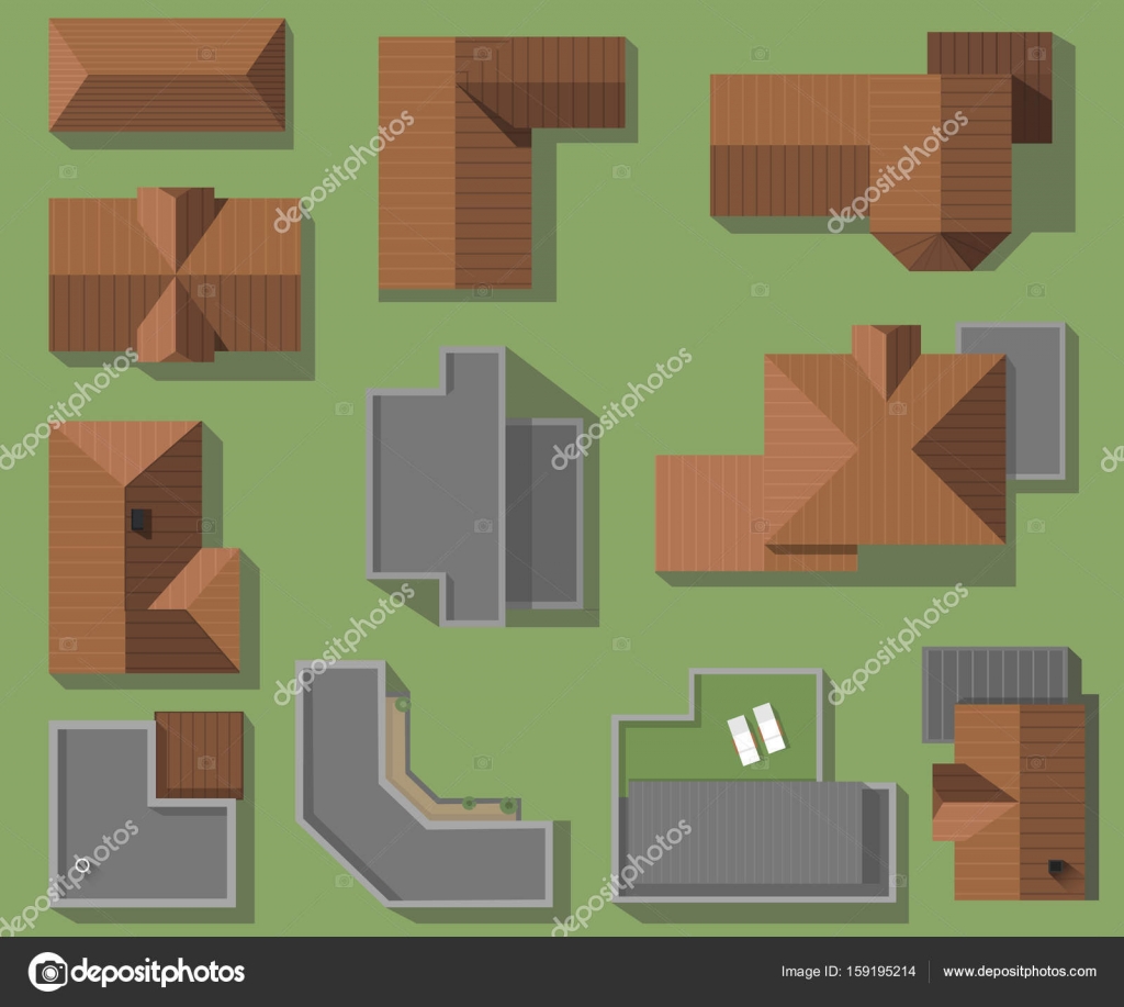 Top view of houses, roofs, vector set. Modern, high-tech and classic ...