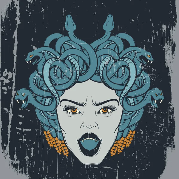 Medusa Gorgon golden head on a shield hand drawn line art print design ...