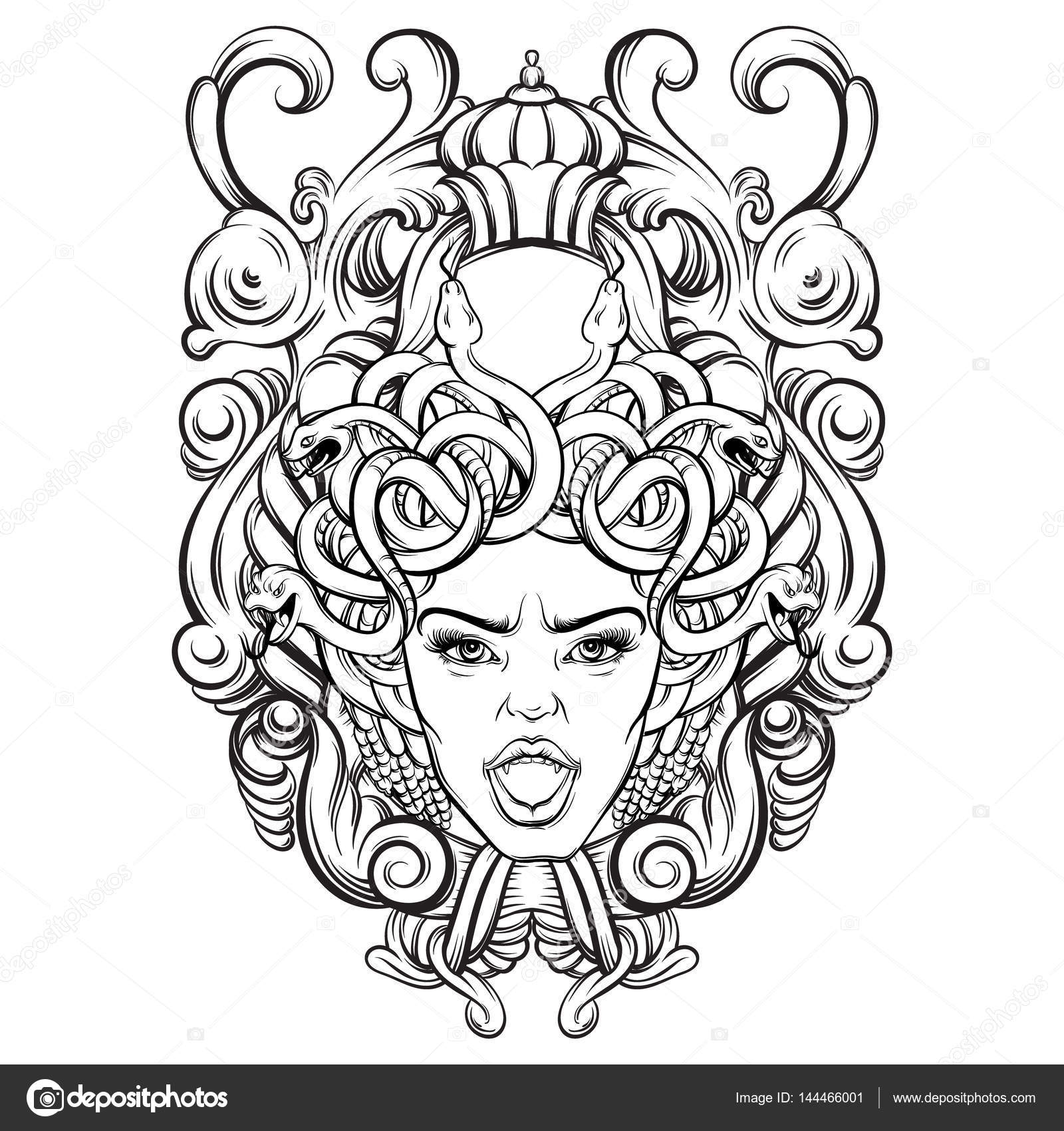 Vector illustration of gorgone with baroque frame Stock Illustration by ...