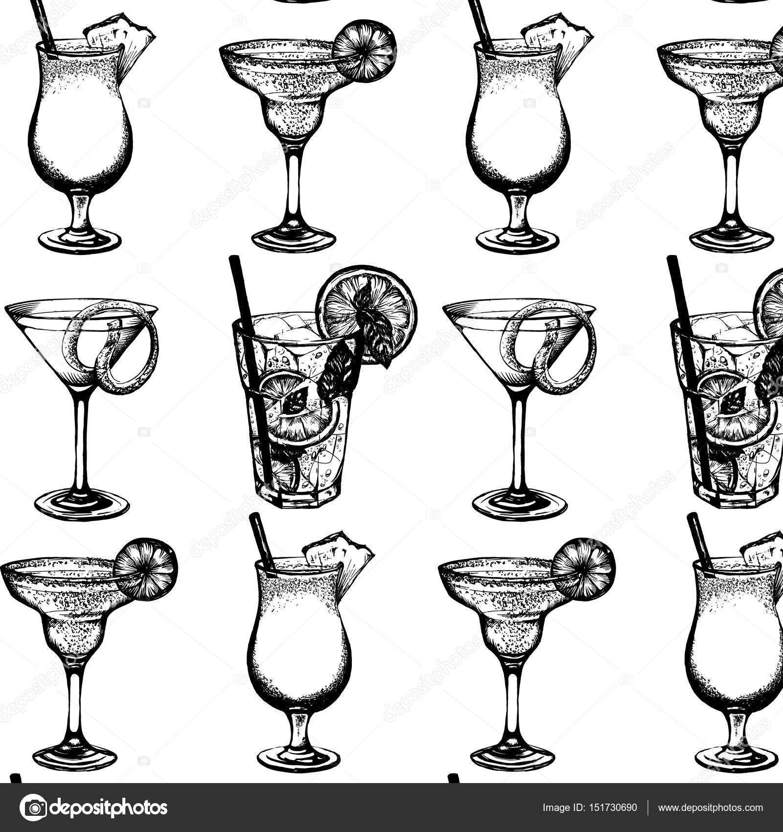 Vector Pattern With Illustration Of Alcoholic Cocktails Stock Vector