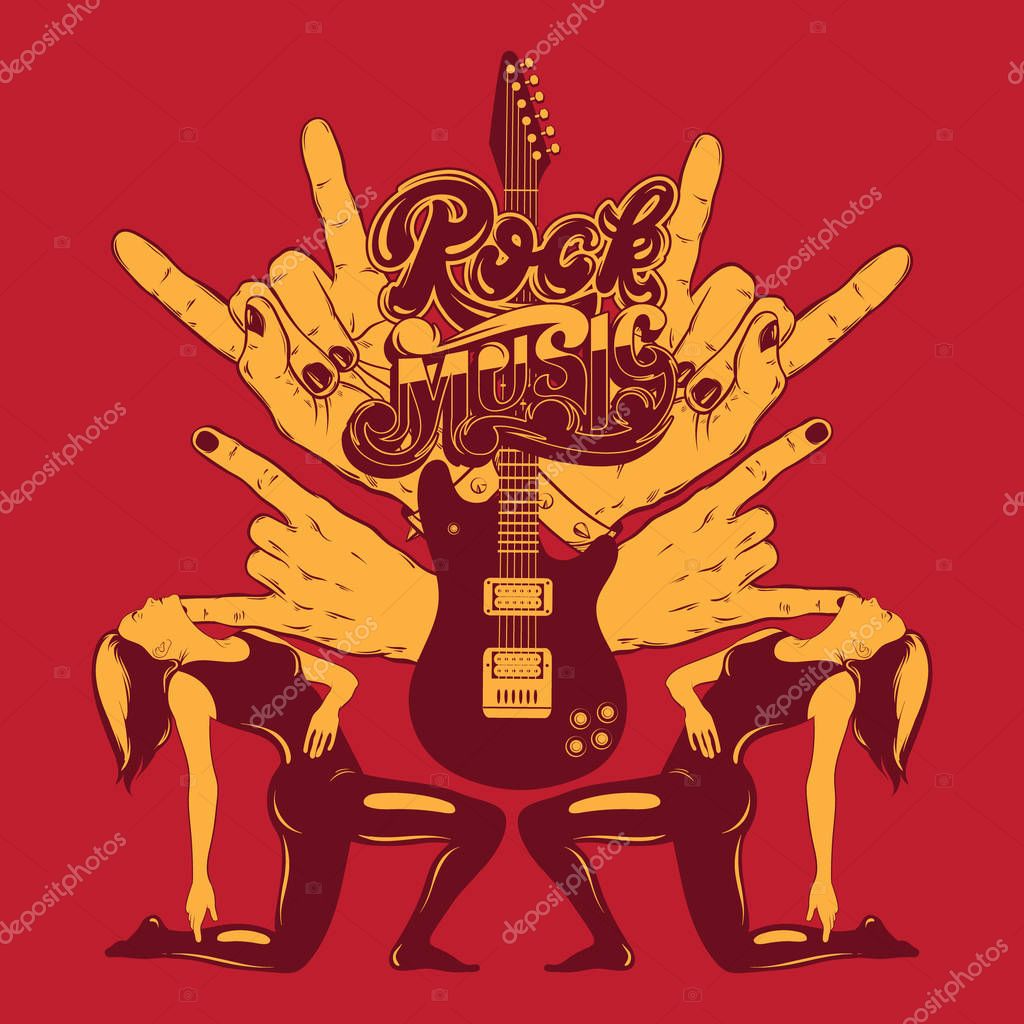 Ilustraci n dibujada a mano vectorial de guitarra, manos de rock, ni as y letras manuscritas ...