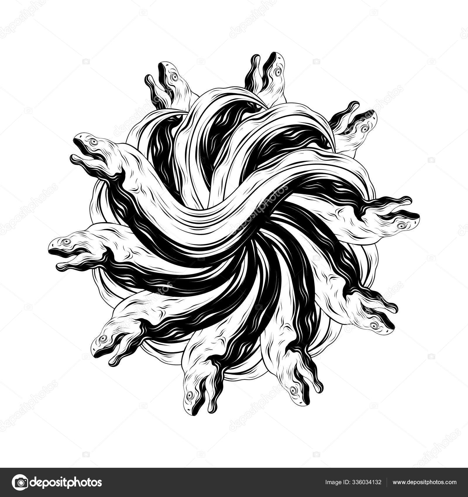 Vector Hand Drawn Iluustration Moray Eels Isolated Surreal Tattoo ...