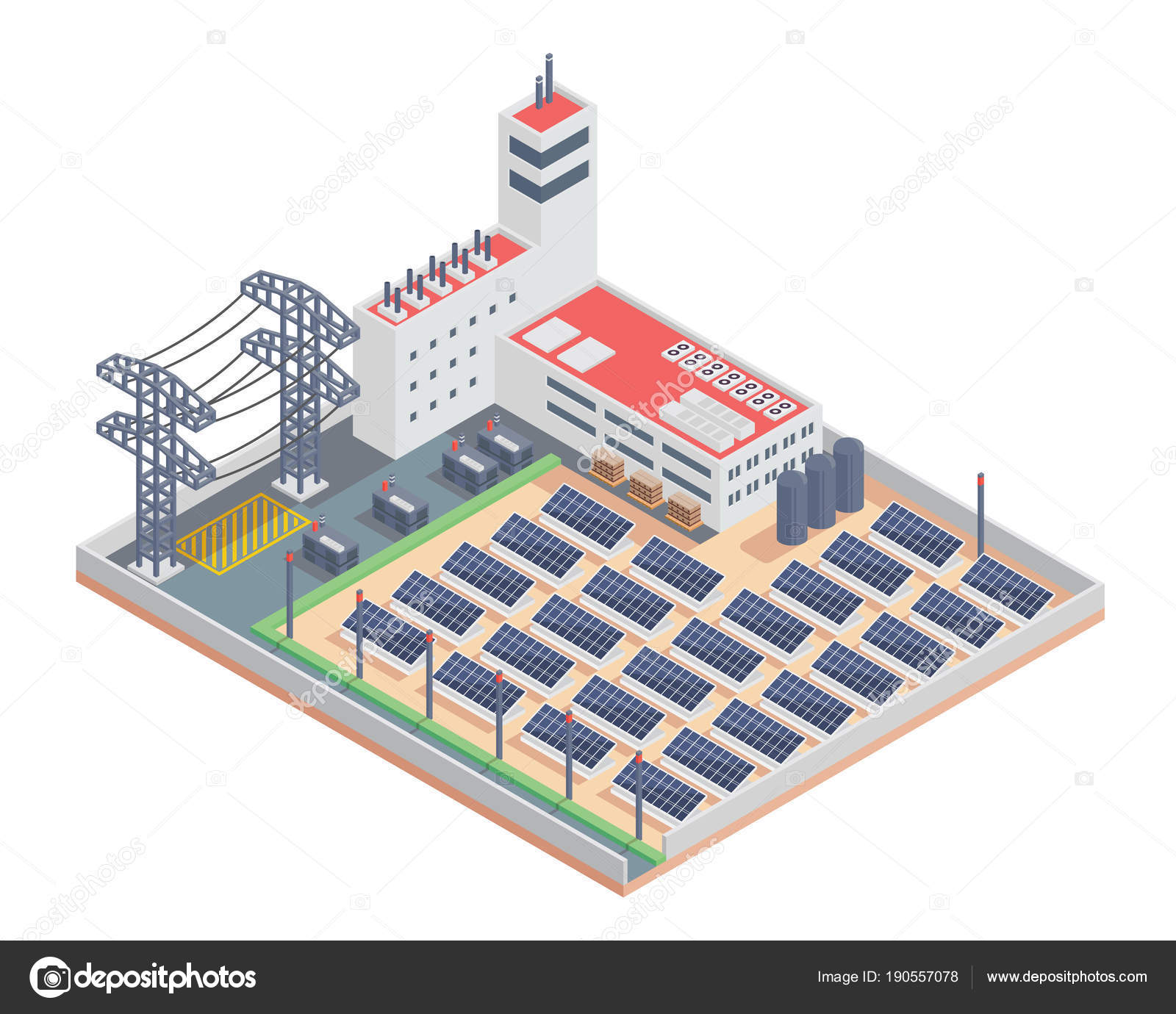 Modern Isometric Industrial Electricity Solar Plant Facility Building ...