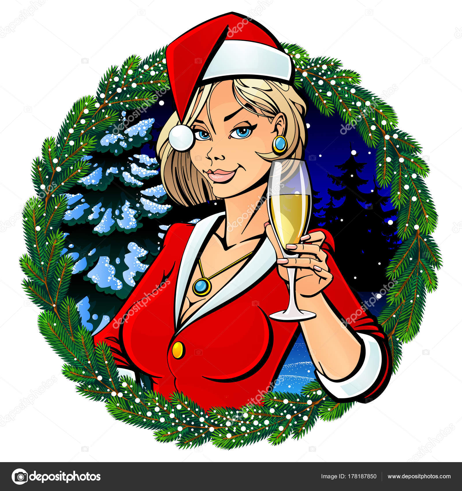 Sexy Christmas Girl Santa Claus Glass Champagne Frame Spruce Branches Stock Vector By ©comsorg
