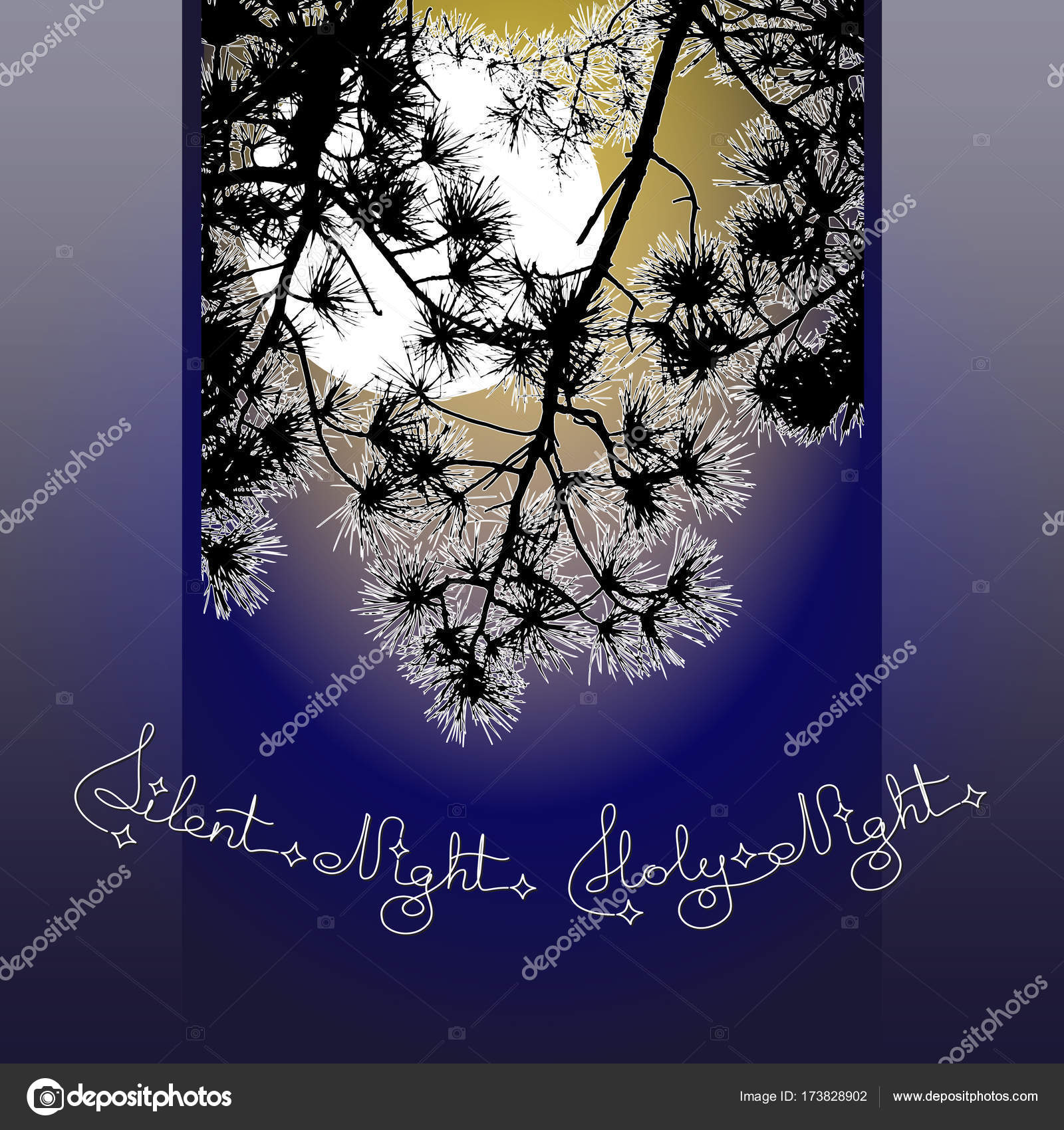 Handwritten text Silent Holy Night, moon and pine branch. Stock Vector ...