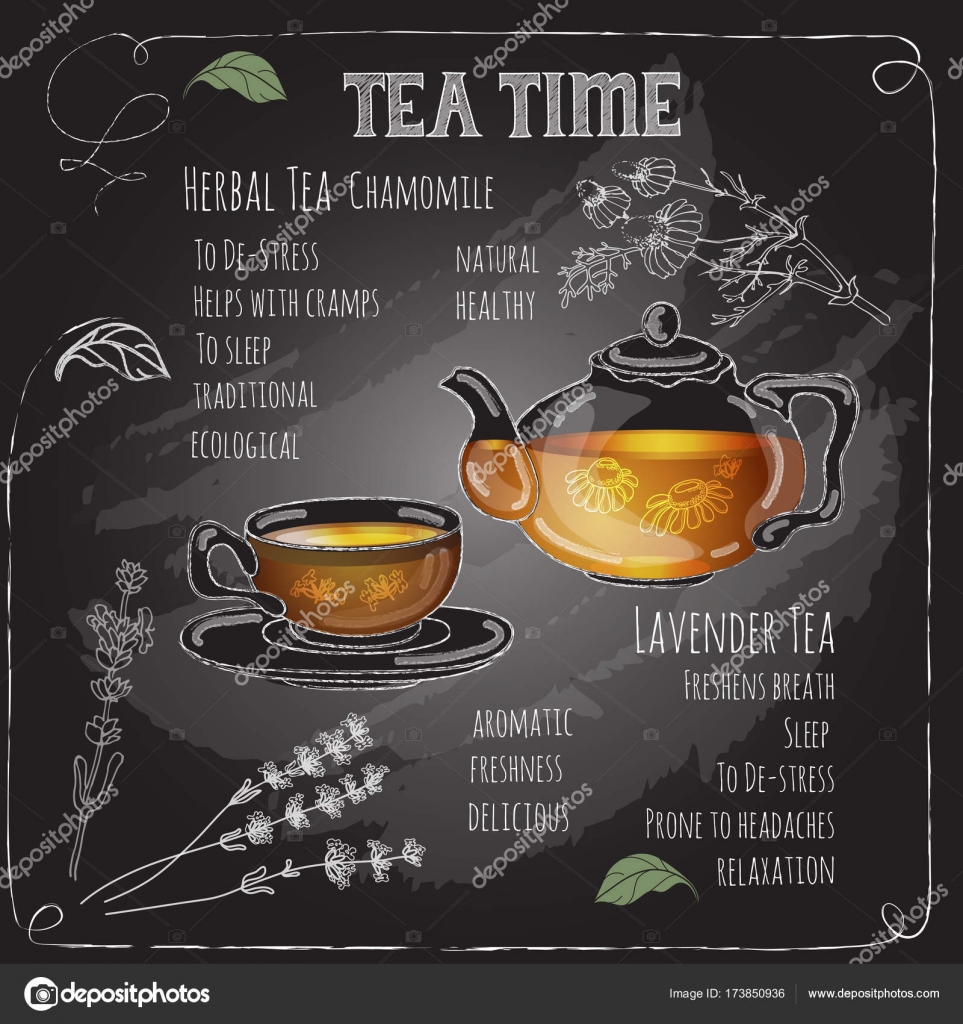 Herbal Tea Time card with cup, teapot, flowers and leaves. Stock Vector ...