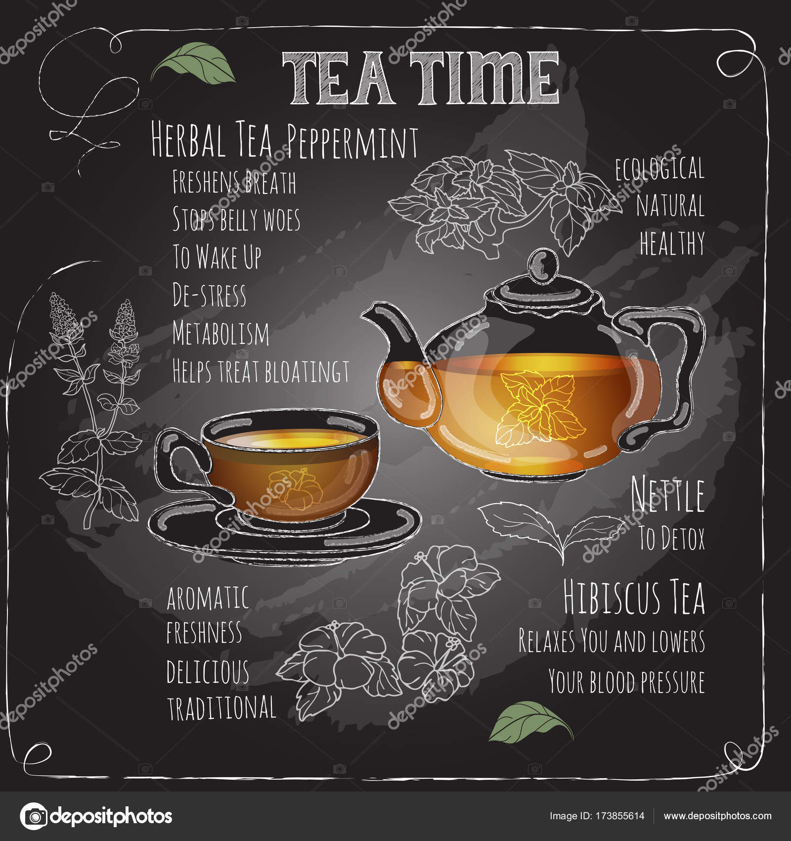 Herbal Tea Time card with cup, teapot, Mint, hibiscus. Stock ...