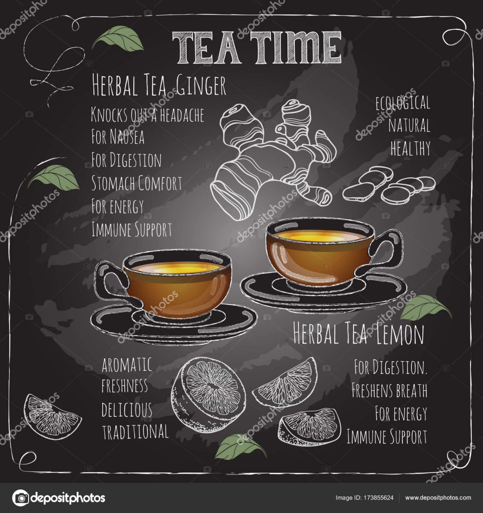 Herbal Tea Time card with cup, teapot, Lemon, ginger. Stock Vector ...