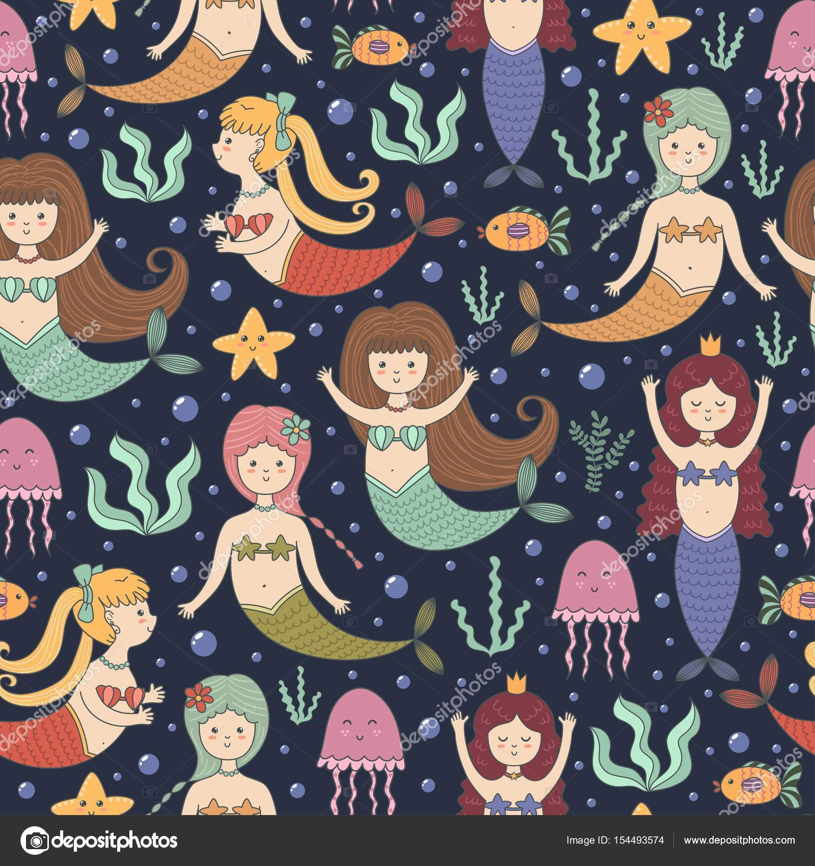 Little mermaids seamless pattern Stock Vector Image by ©JuliyaS #154493574
