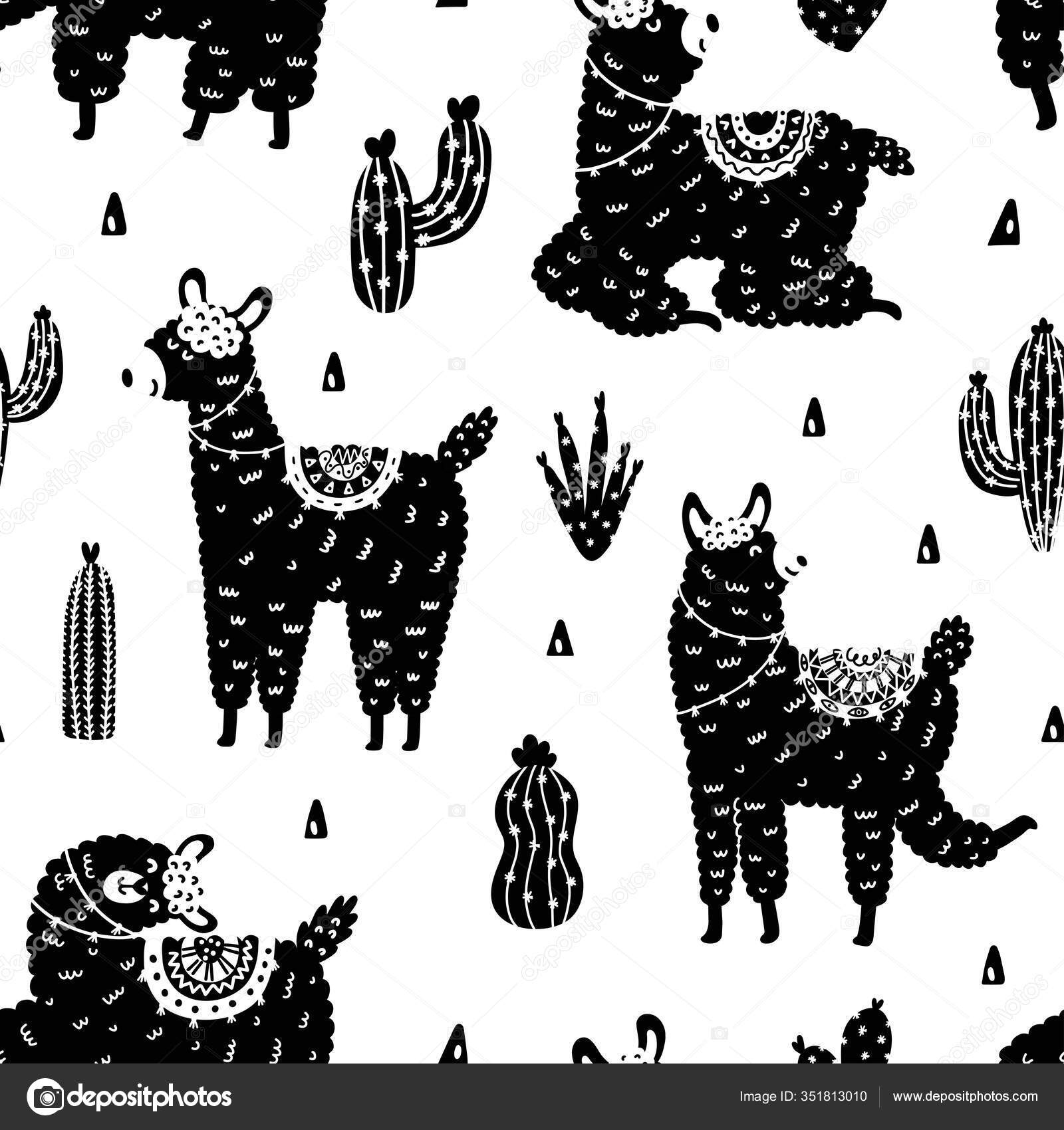 Black and white llamas seamless pattern. Cute alpacas background Stock ...