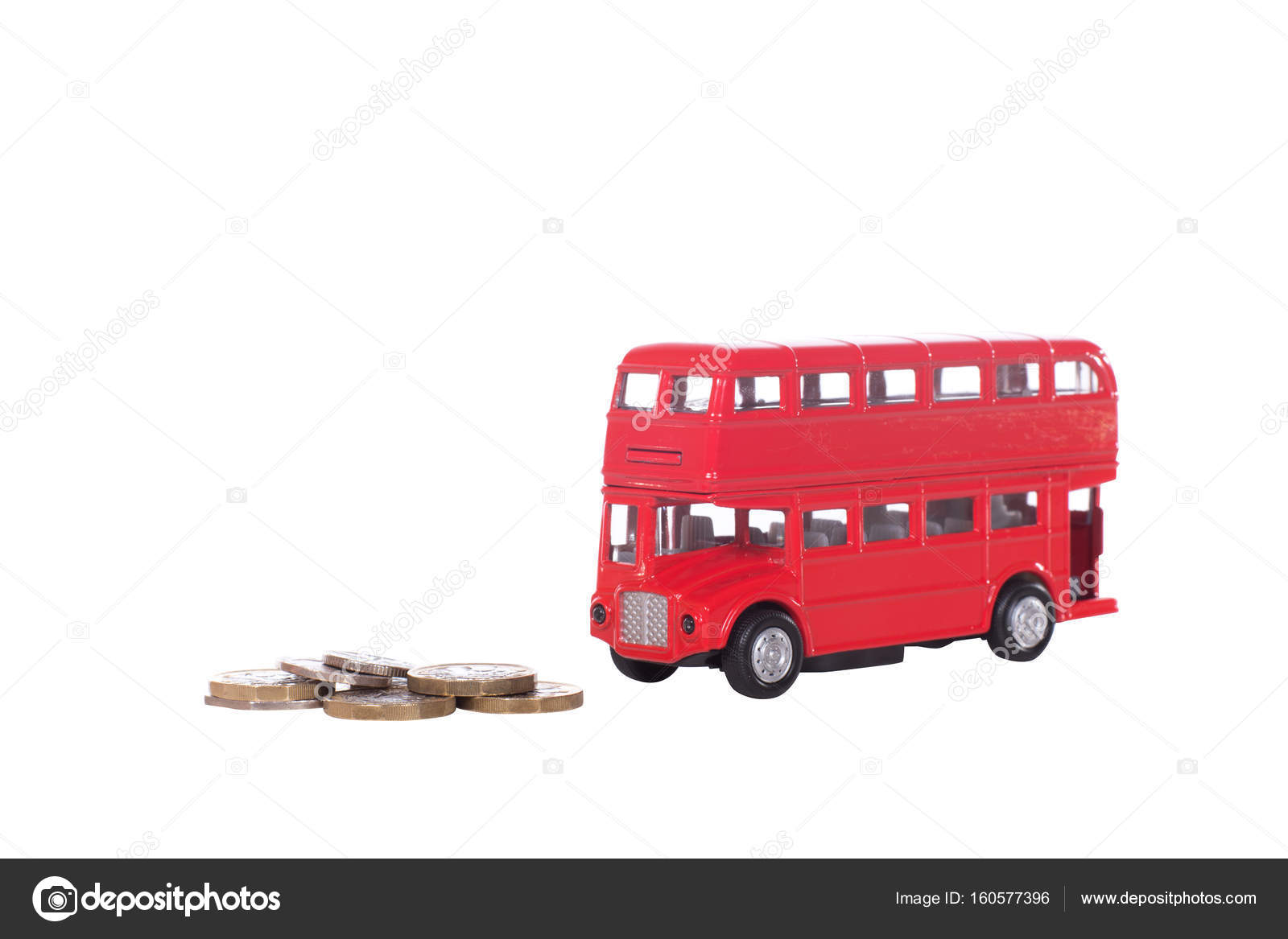 Cash coins with a model red double-decker bus Stock Illustration by ...