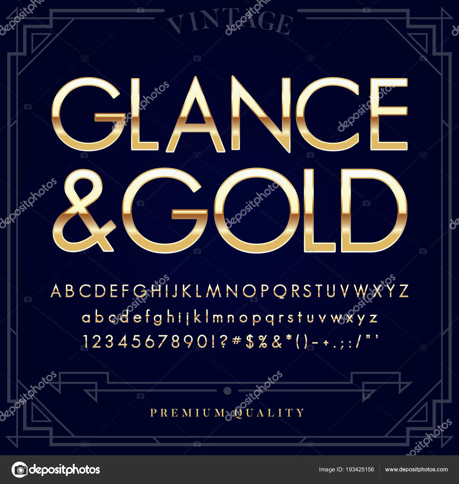 Gold Metallic Font Set Letters Numbers Special Characters Vector Stock ...