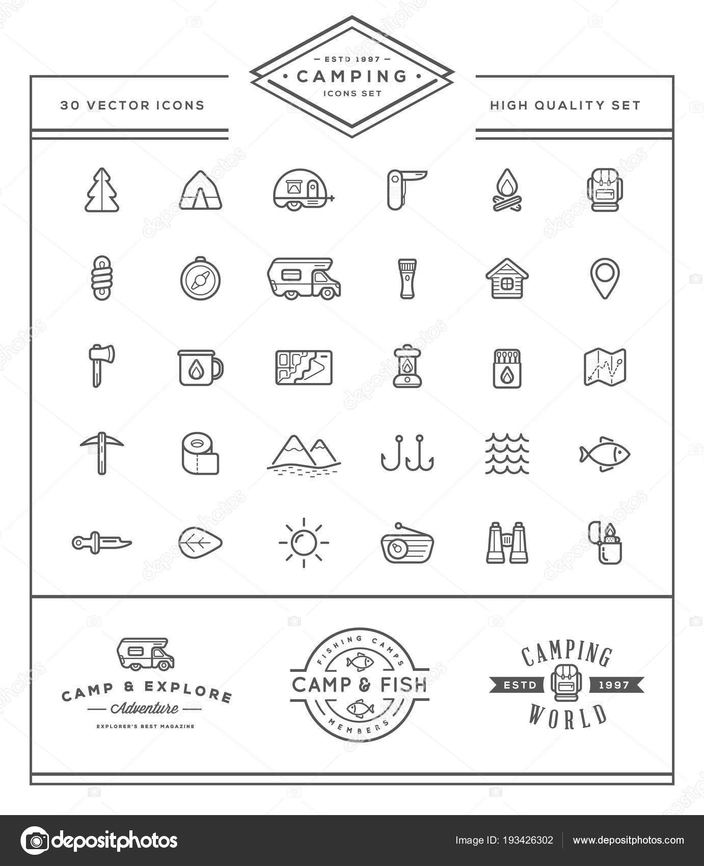 Set Vector Camping Camp Elements Outdoor Activity Icons Illustration ...