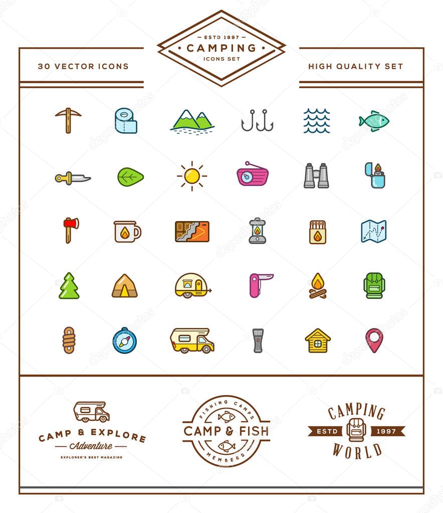 El conjunto de elementos de campamento de camping vectorial y la ...