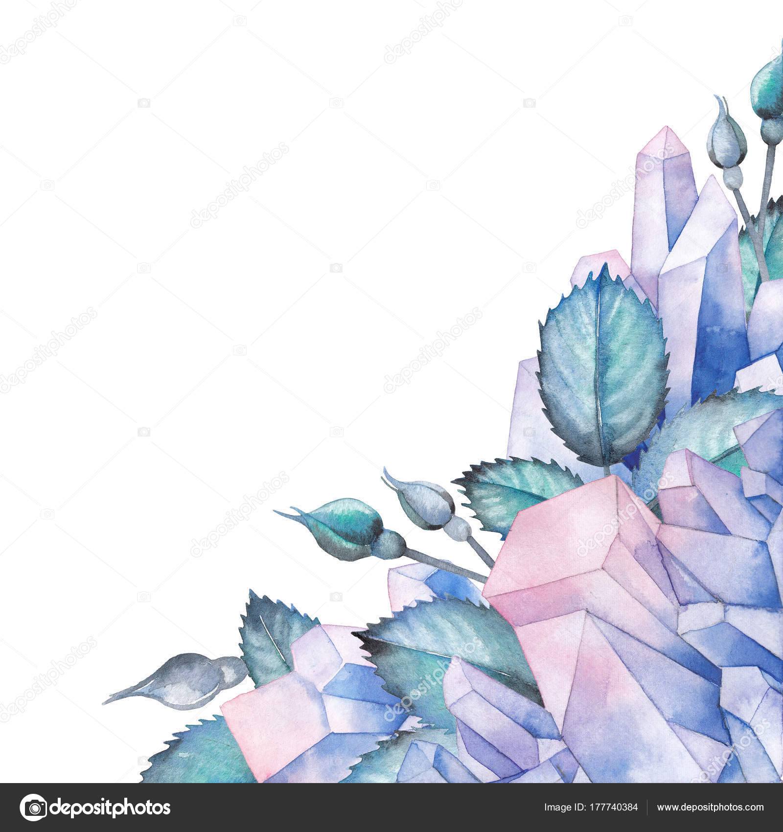 Watercolor design with crystals and leaves Stock Illustration by ...