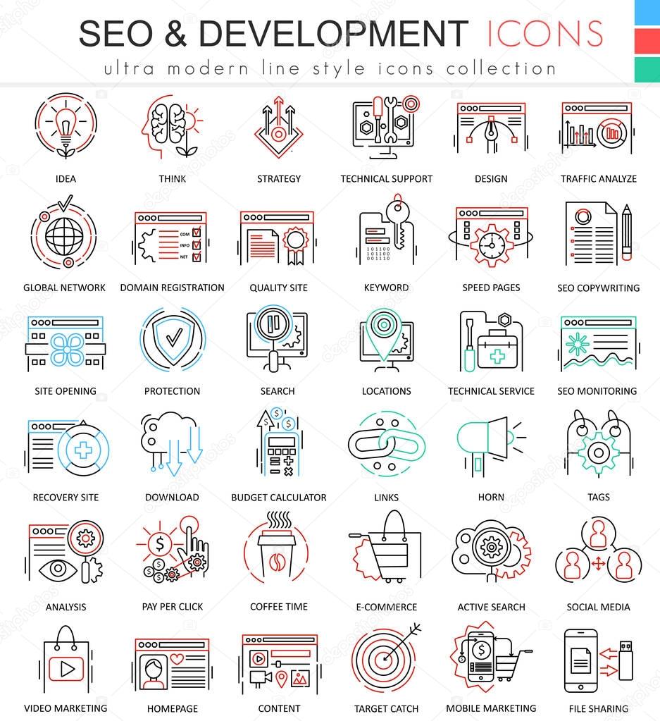 Vector SEO and development ultra modern color outline line icons for ...