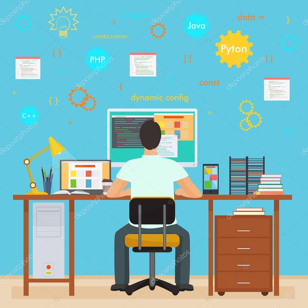 Man Programmer Back Working On His Pc Computer Programming And Coding Office Interior