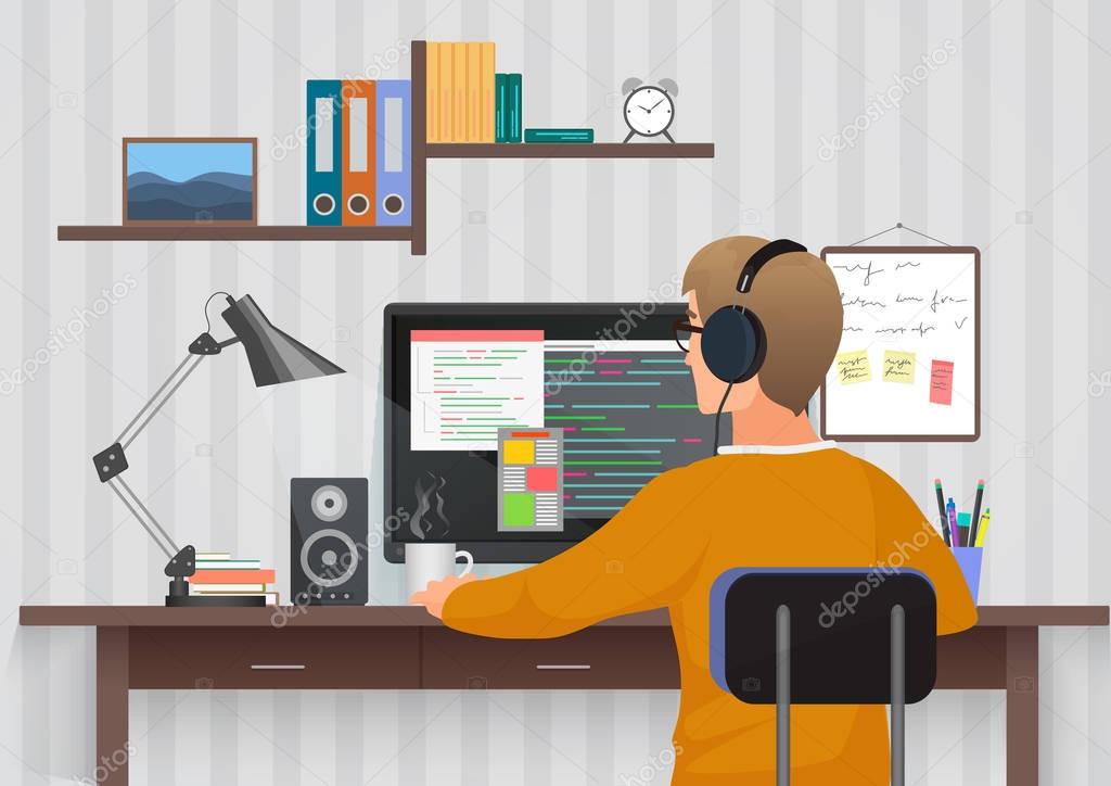 Back view of young man wearing headphones sitting at thew desk vector ...