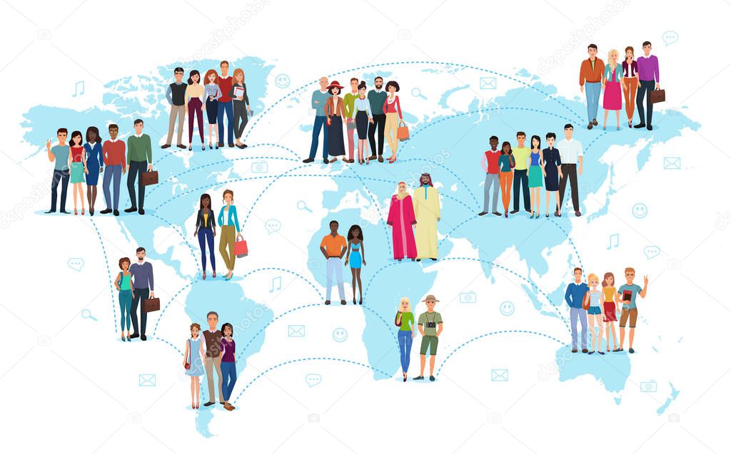 Las personas conectadas con las líneas de pie en un mapa del mundo ilustración vectorial ...
