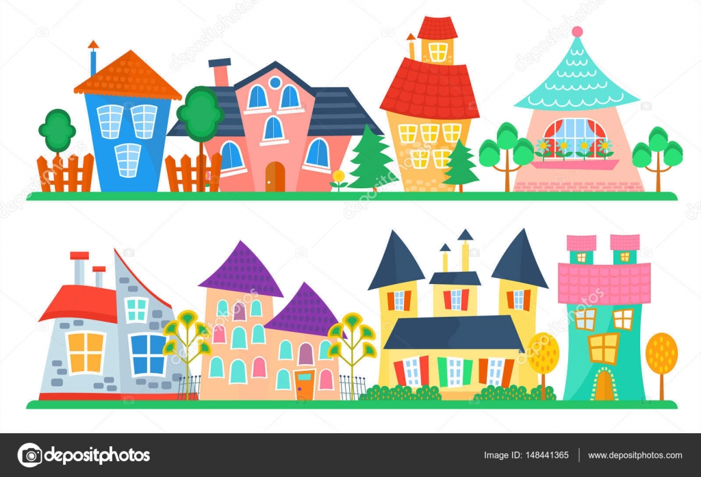 Cute cartoon houses collection. Funny colorful kid vector house set ...
