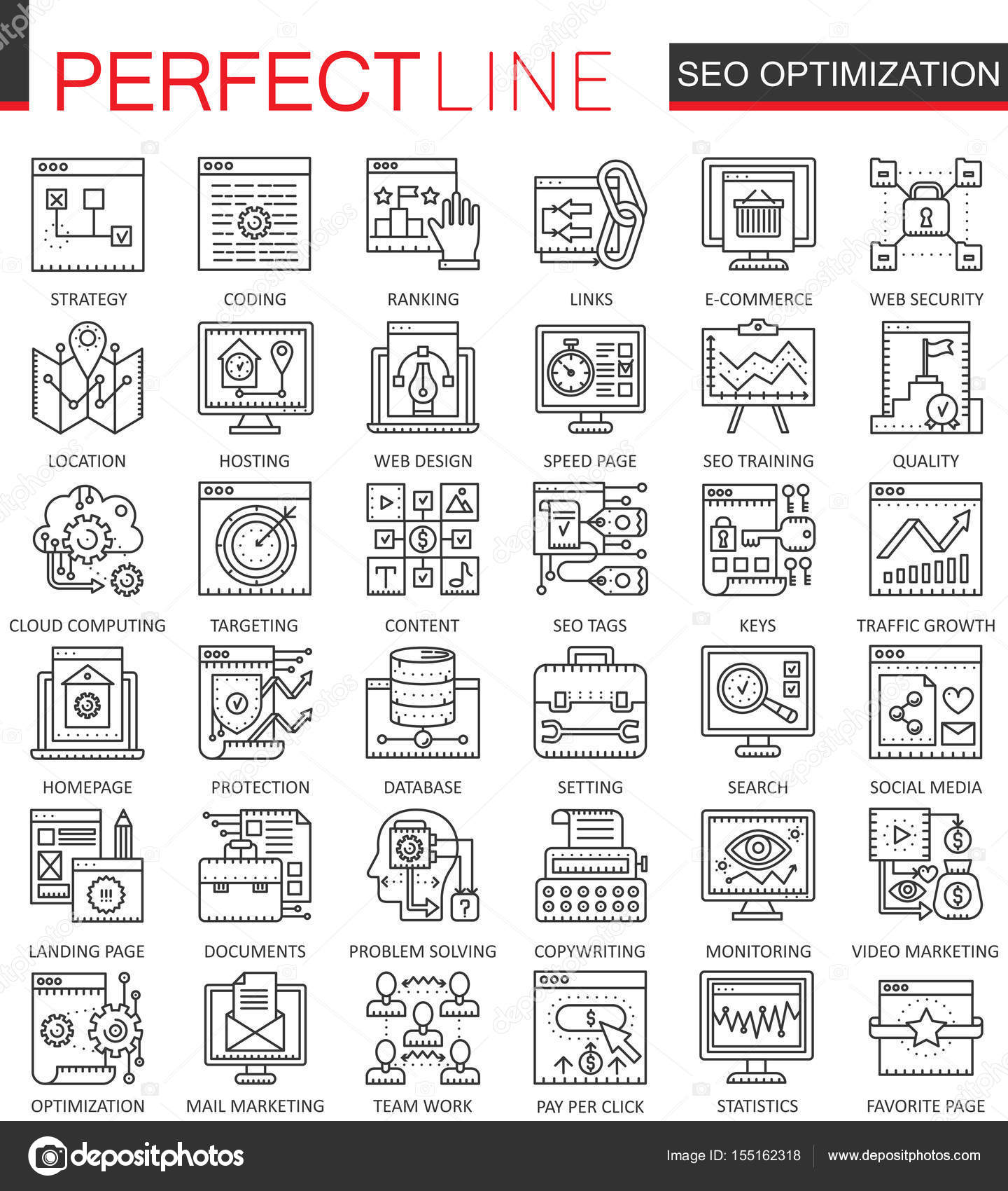 SEO Search Engine Optimization outline concept symbols. Perfect thin ...