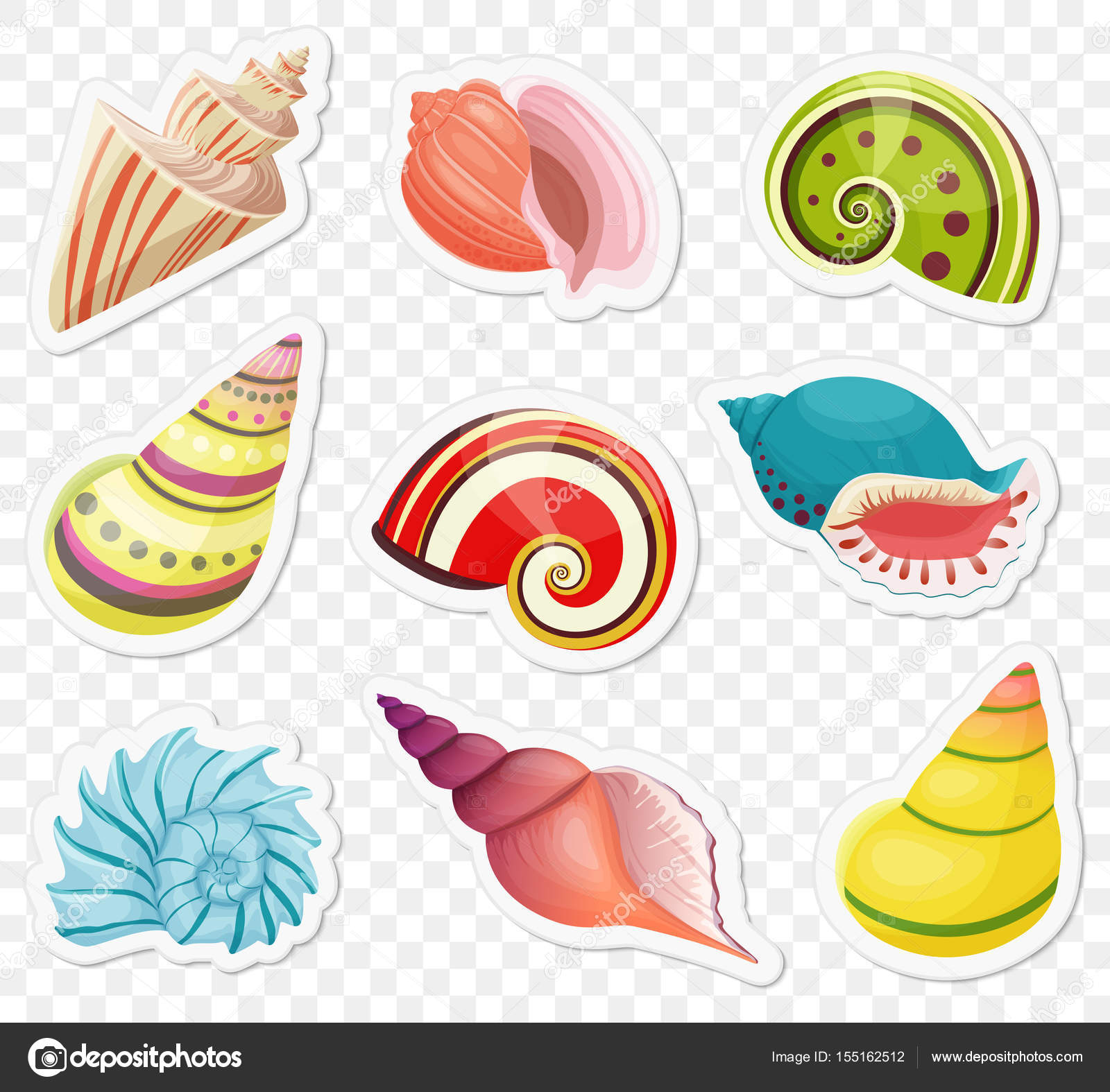 Vector cartoon sea shells stickers set on the transperant alpha ...