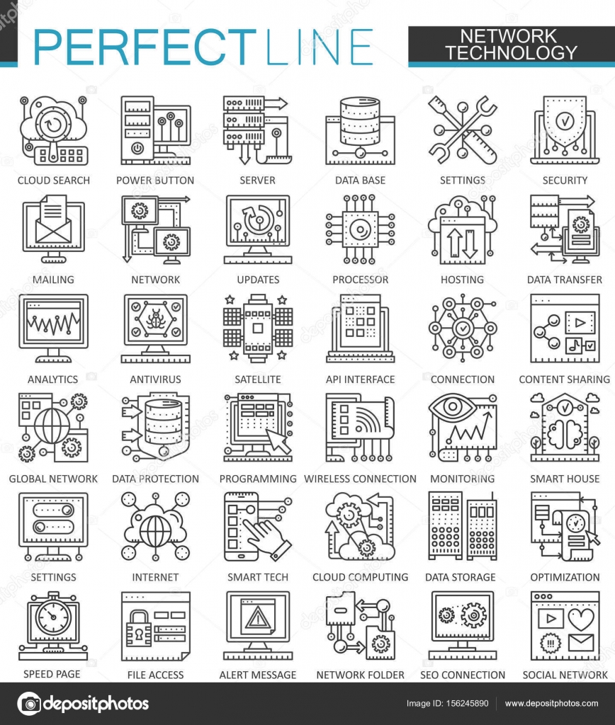 Network technology outline concept symbols. Perfect thin line icons ...