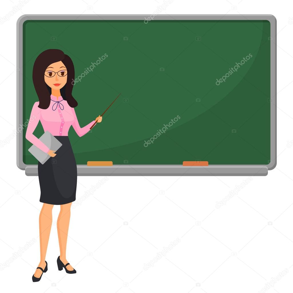 Profesora joven cerca de pizarra enseñando a un estudiante en el aula ...