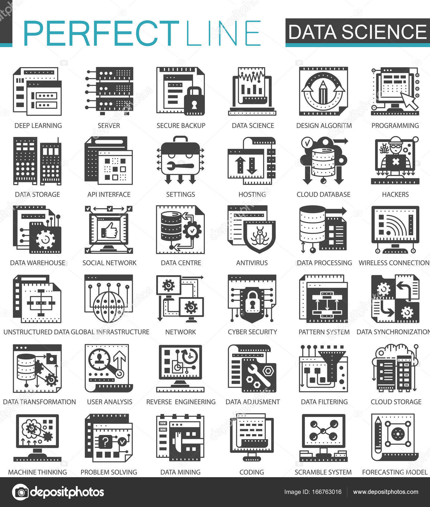 Data science technology classic black mini concept symbols. Machine ...