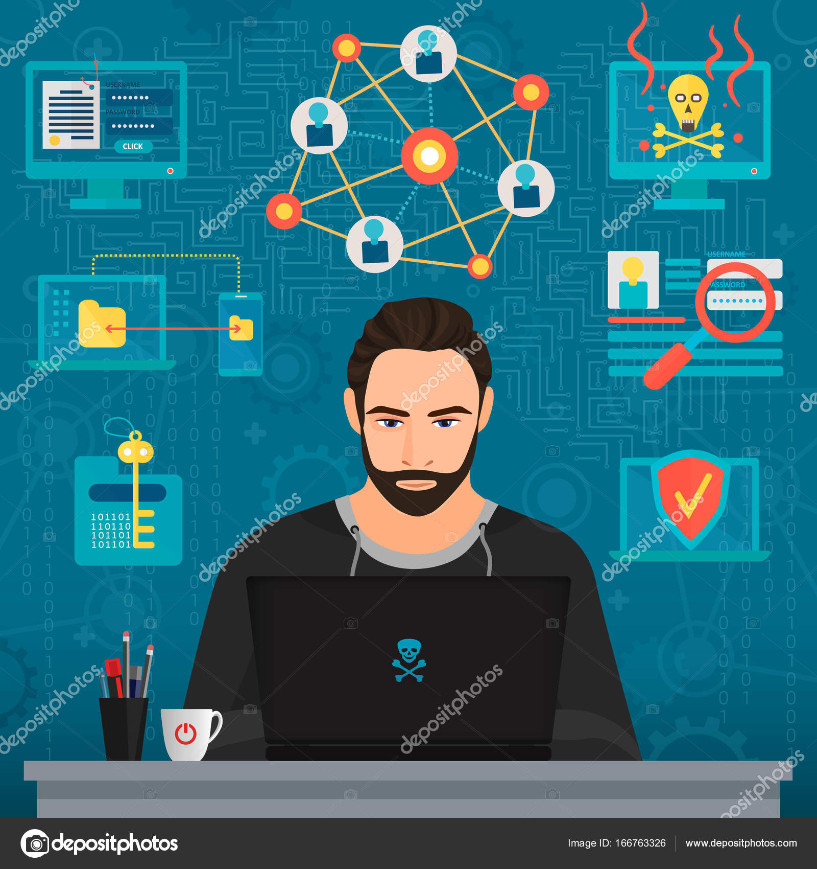 Vector illustration of bearded coder hacker thoughtful man thinking at table. Stock Vector Image ...
