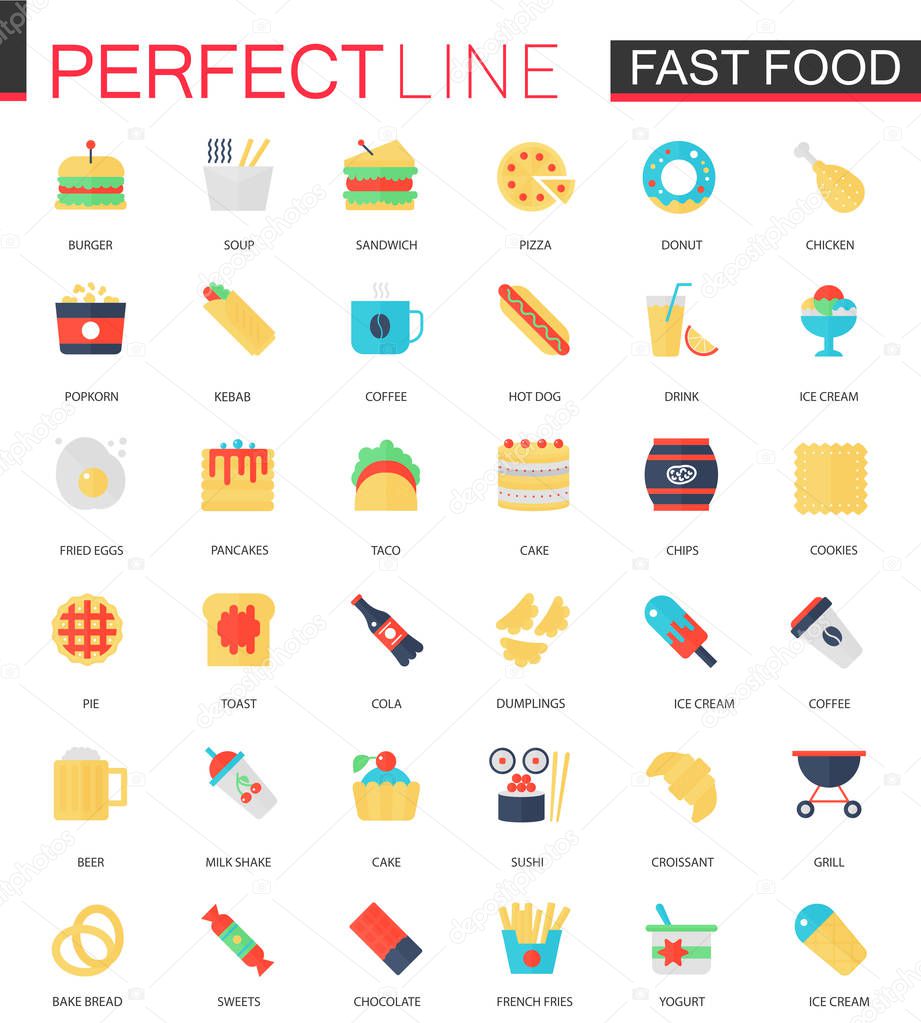 Conjunto vectorial de iconos planos de comida r pida. 2024
