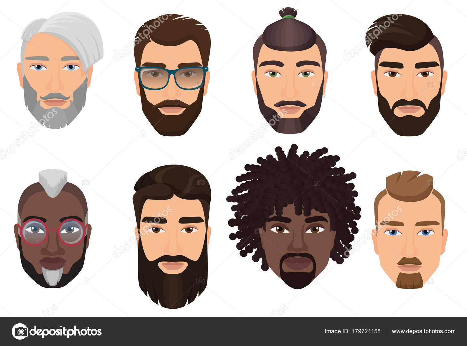 Colorful cartoon hipsters bearded men guys avatars with different ...
