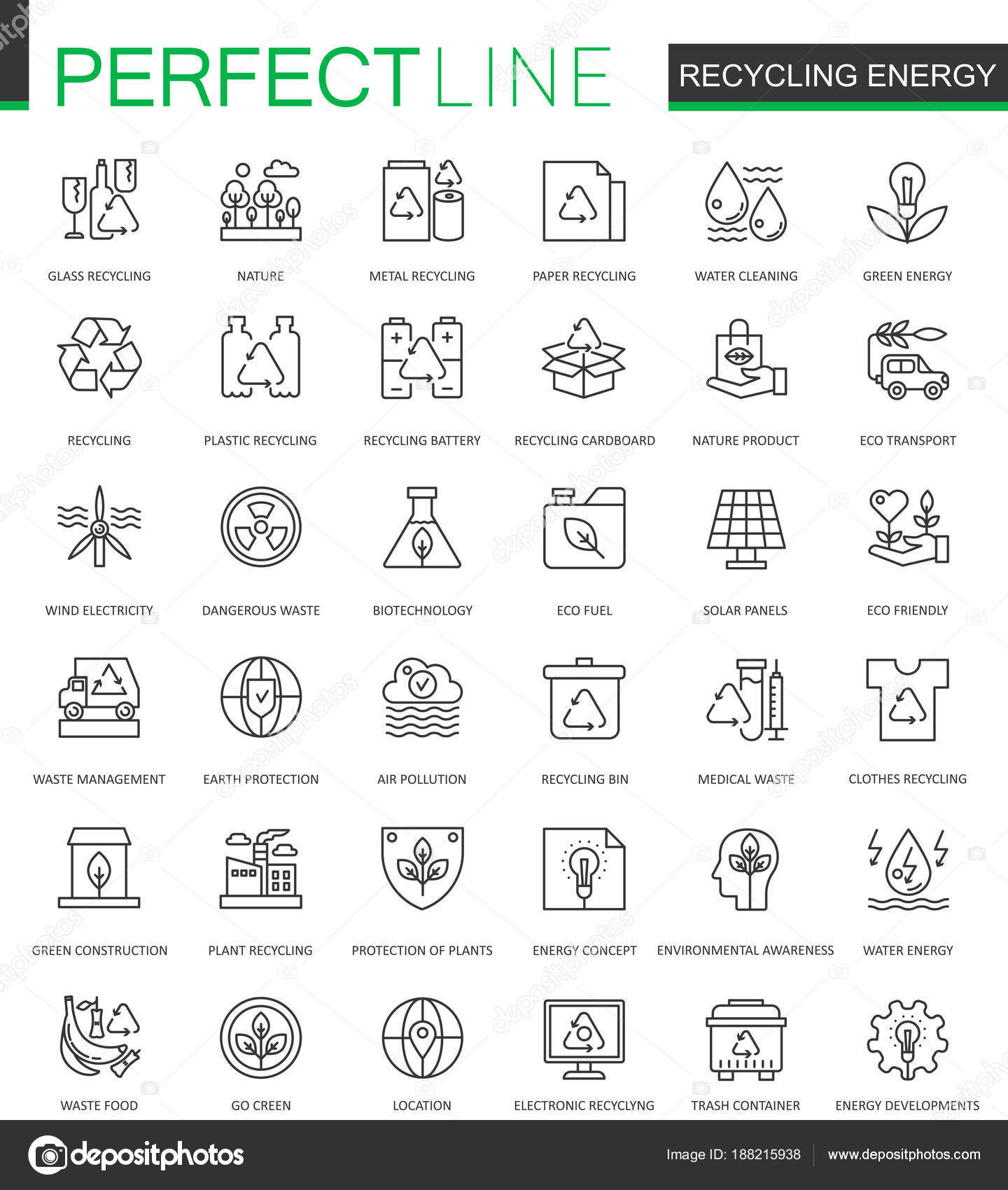 Recycling energy thin line web icons set. Renewable energy, green ...