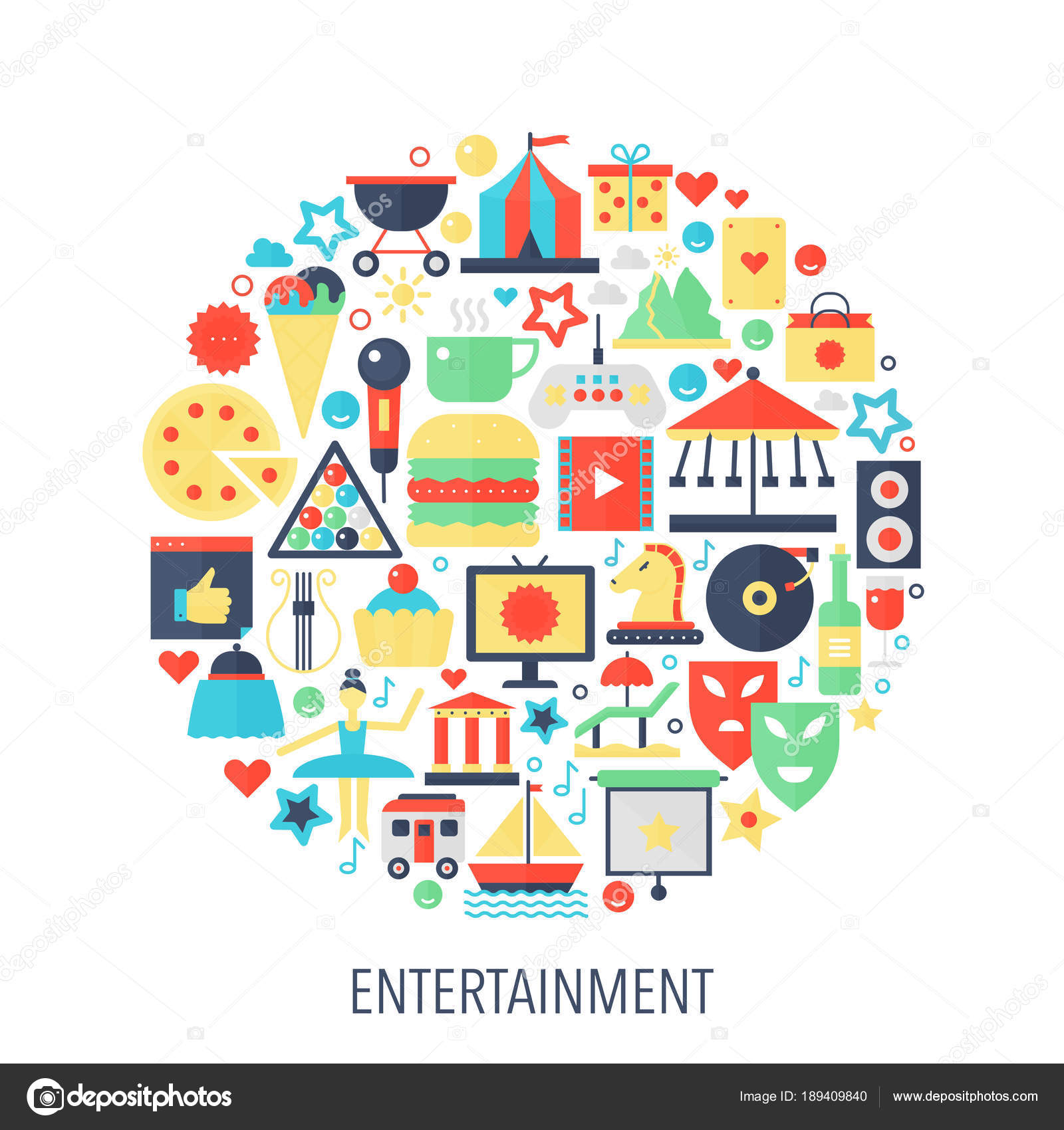 Entertainment flat infographics icons in circle - color concept ...