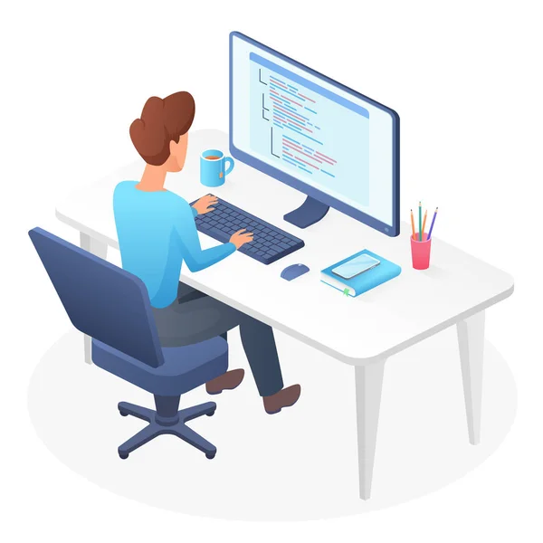 People programming vector illustration, cartoon flat man woman ...