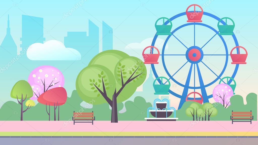 Parque de entretenimiento dibujos animados paisaje plano fondo vector ...
