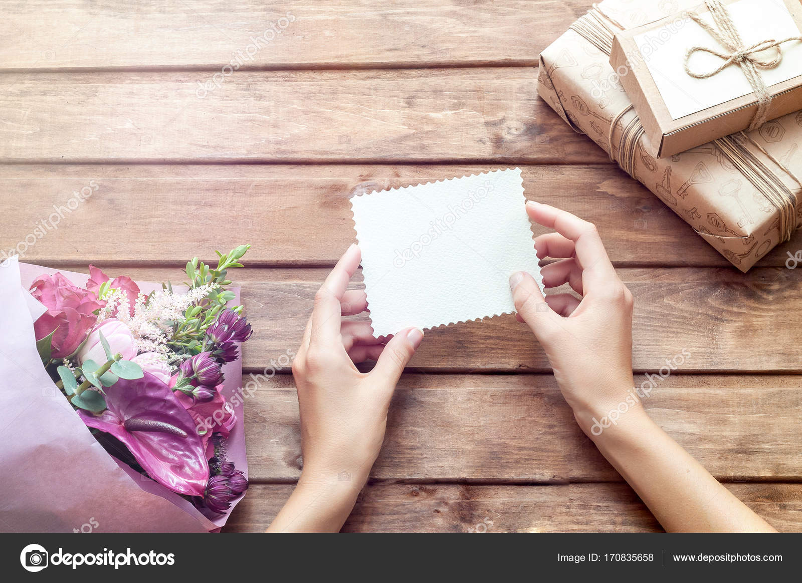 Beautiful handmade gift box (package) with flowers bouquet, envelope ...