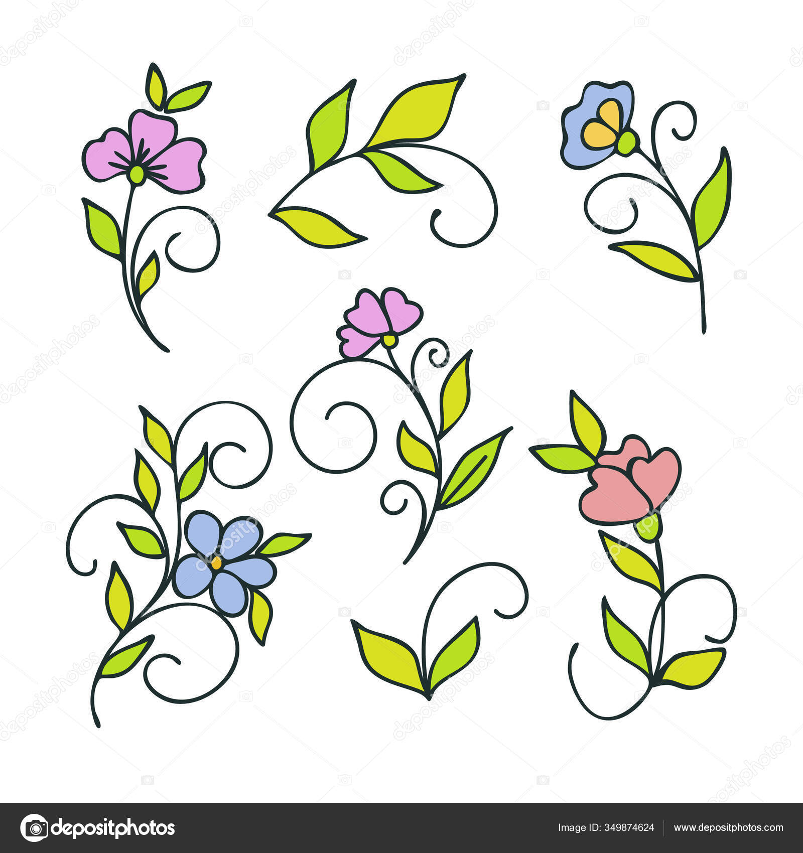 Collection Cartoon Flowers Floral Elements Wedding Design Birthday ...