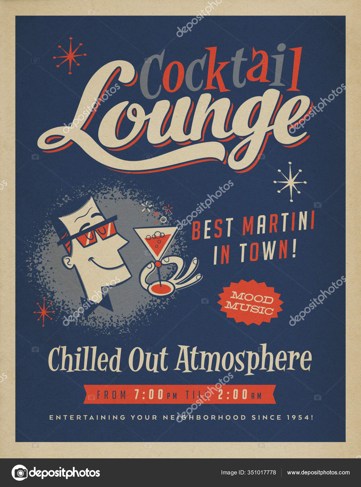 Vintage Style Cocktail Lounge Poster Illustration Retro Offset Effects ...