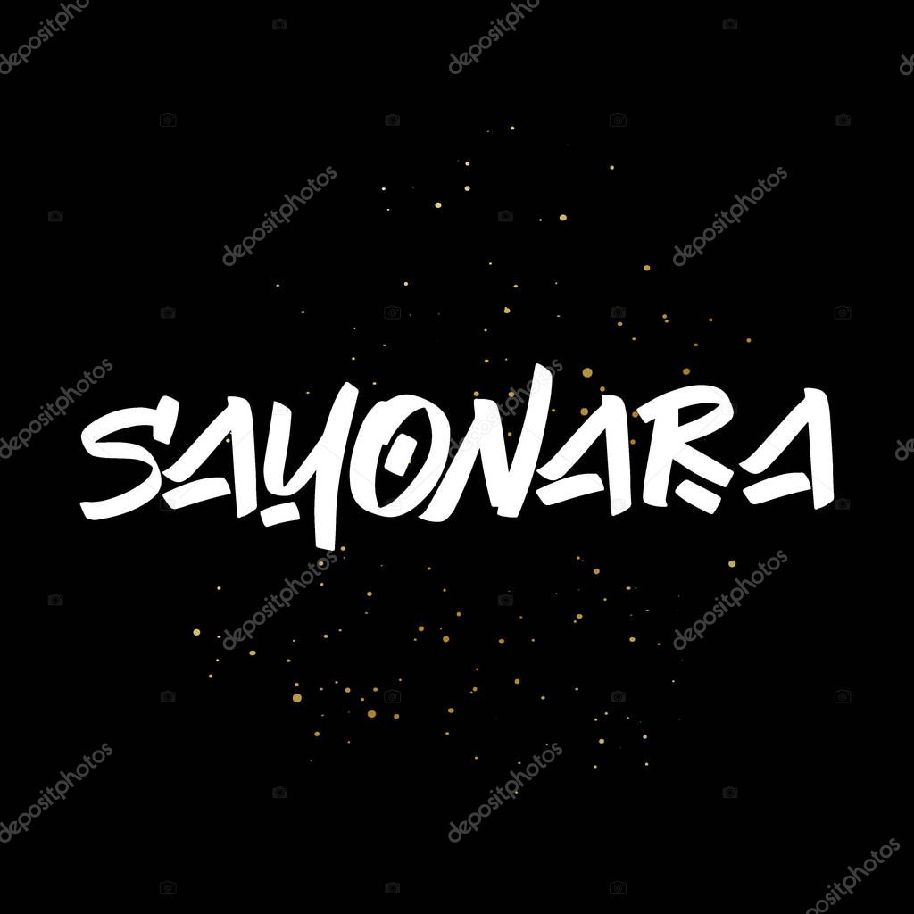 Pincel Sayonara pintar letras dibujadas a mano sobre fondo negro con ...