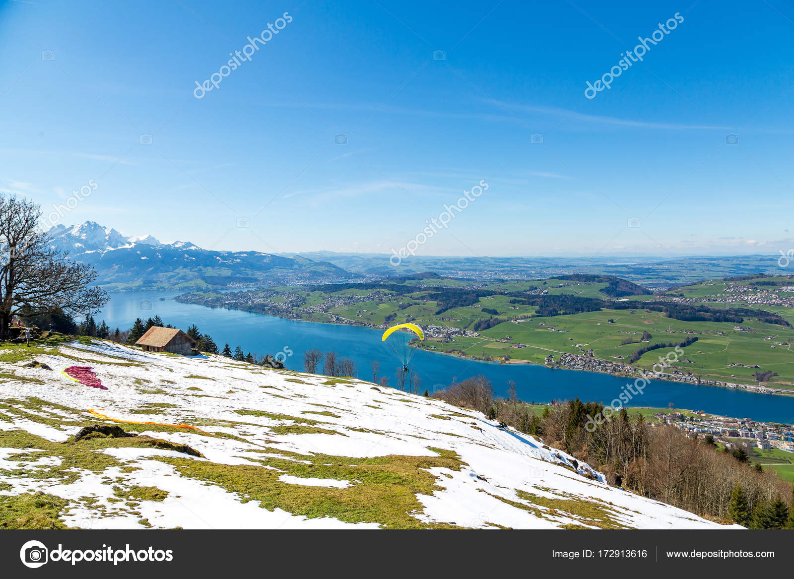 Beautiful Nature View Swiss Alps Paraplane Flying Lake Stock Photo by ...