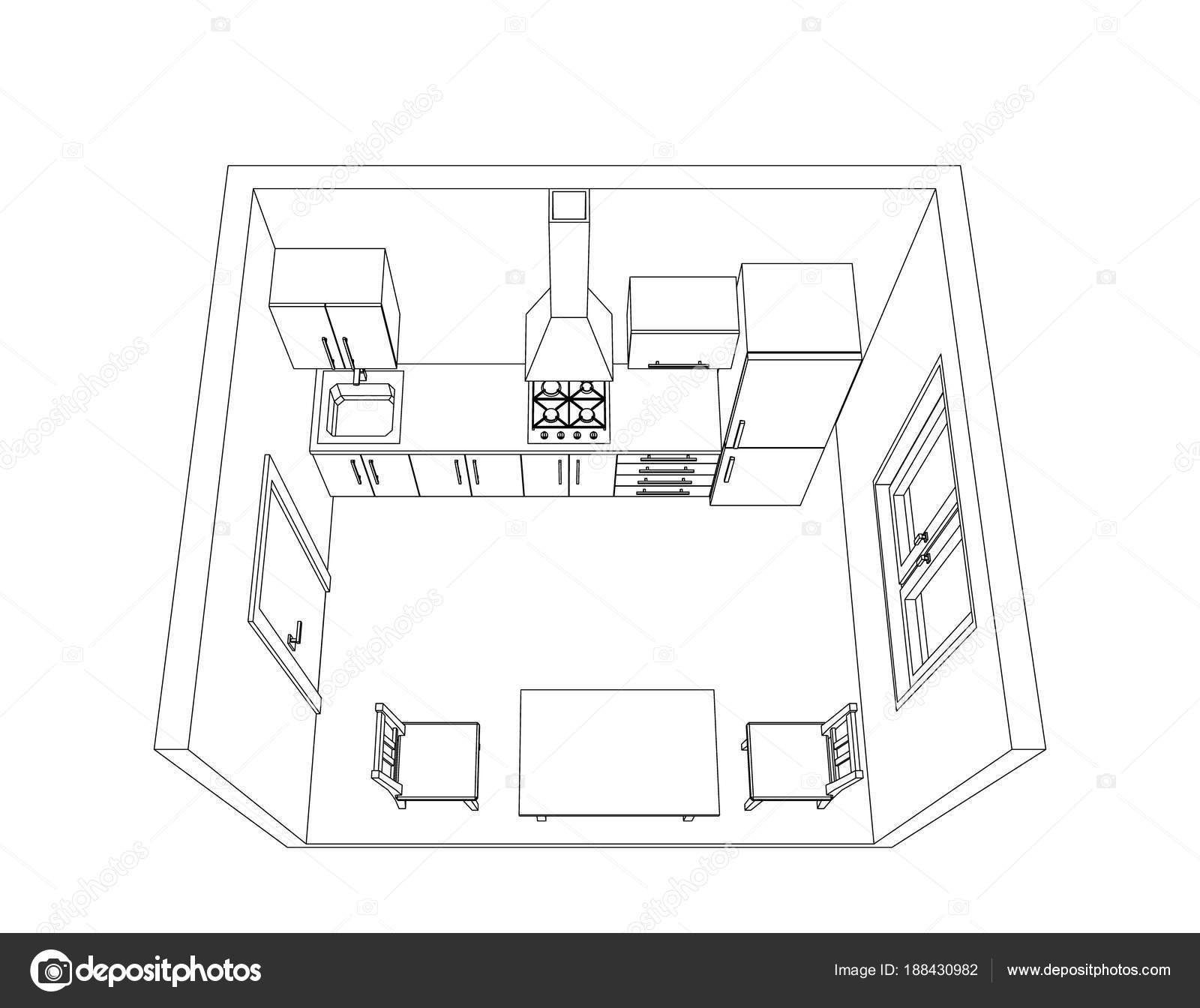 Interior kitchen room on white background. Vector outline illust Stock ...