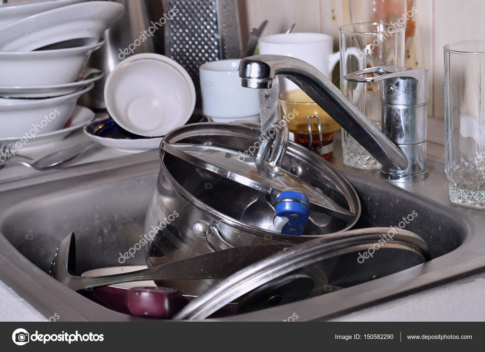 Huge Pile Unwashed Dishes Kitchen Sink Countertop Lot Utensils Kitchen ...