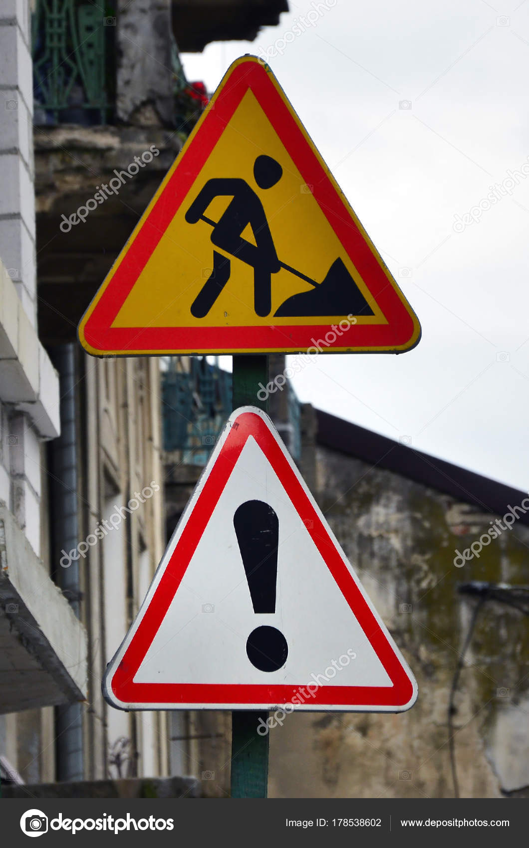 Road Signs Exclamation Mark Man Digging Earth Road Works Underway Stock ...
