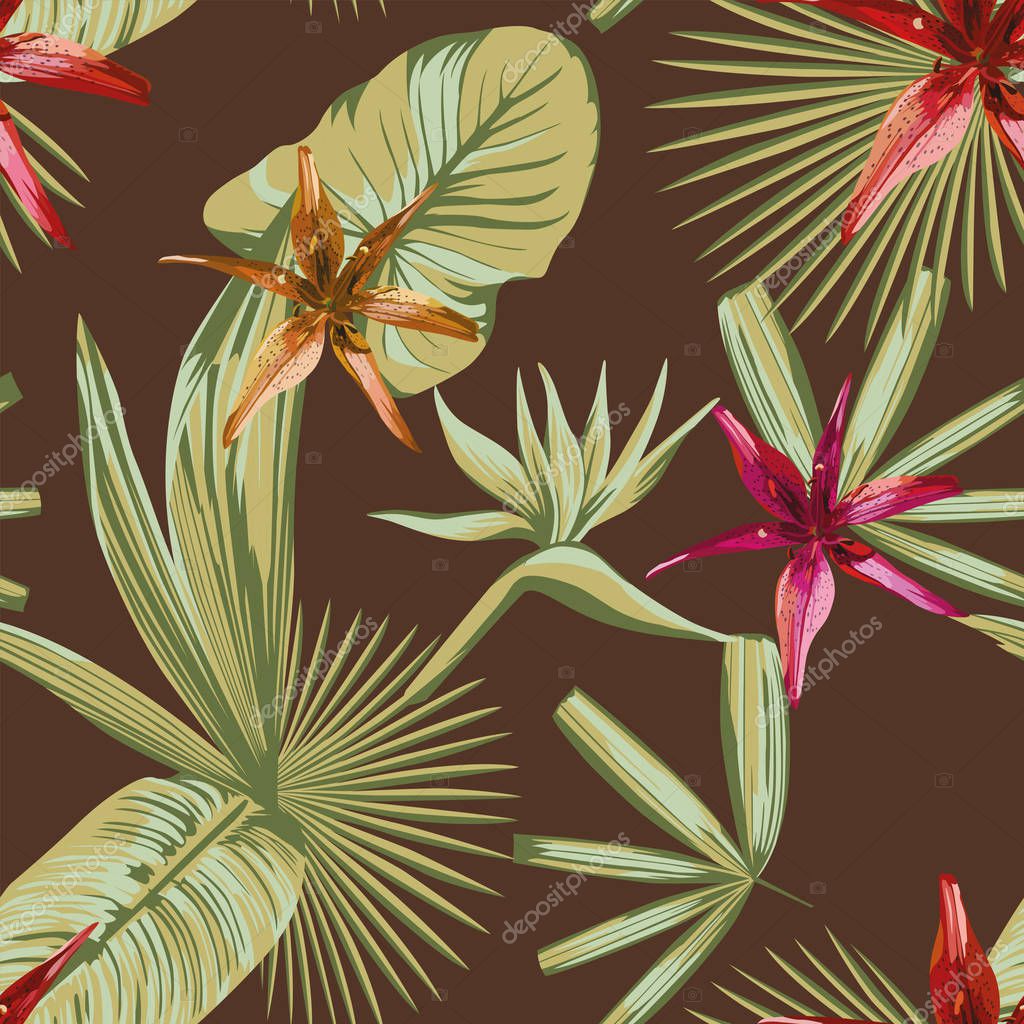 Seamless tropical leaves and flowers brown background — Stock Vector ...