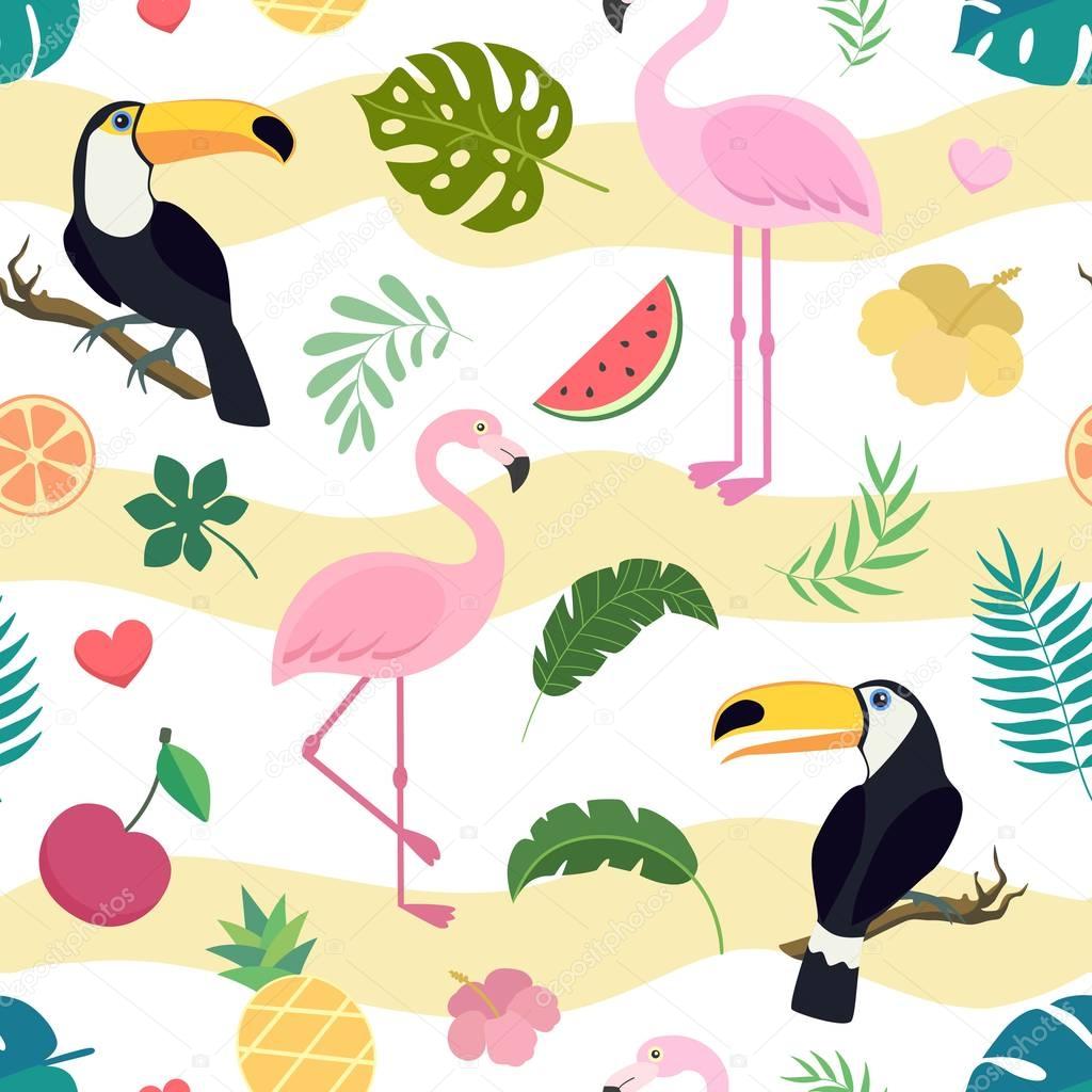 Vector seamless tropical pattern with toucan bird and flamingo — Stock ...