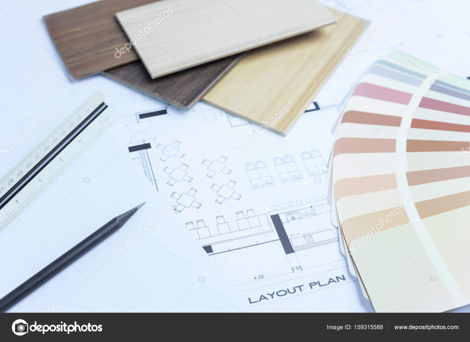 Color and material samples on architectural drawings of the modern ...